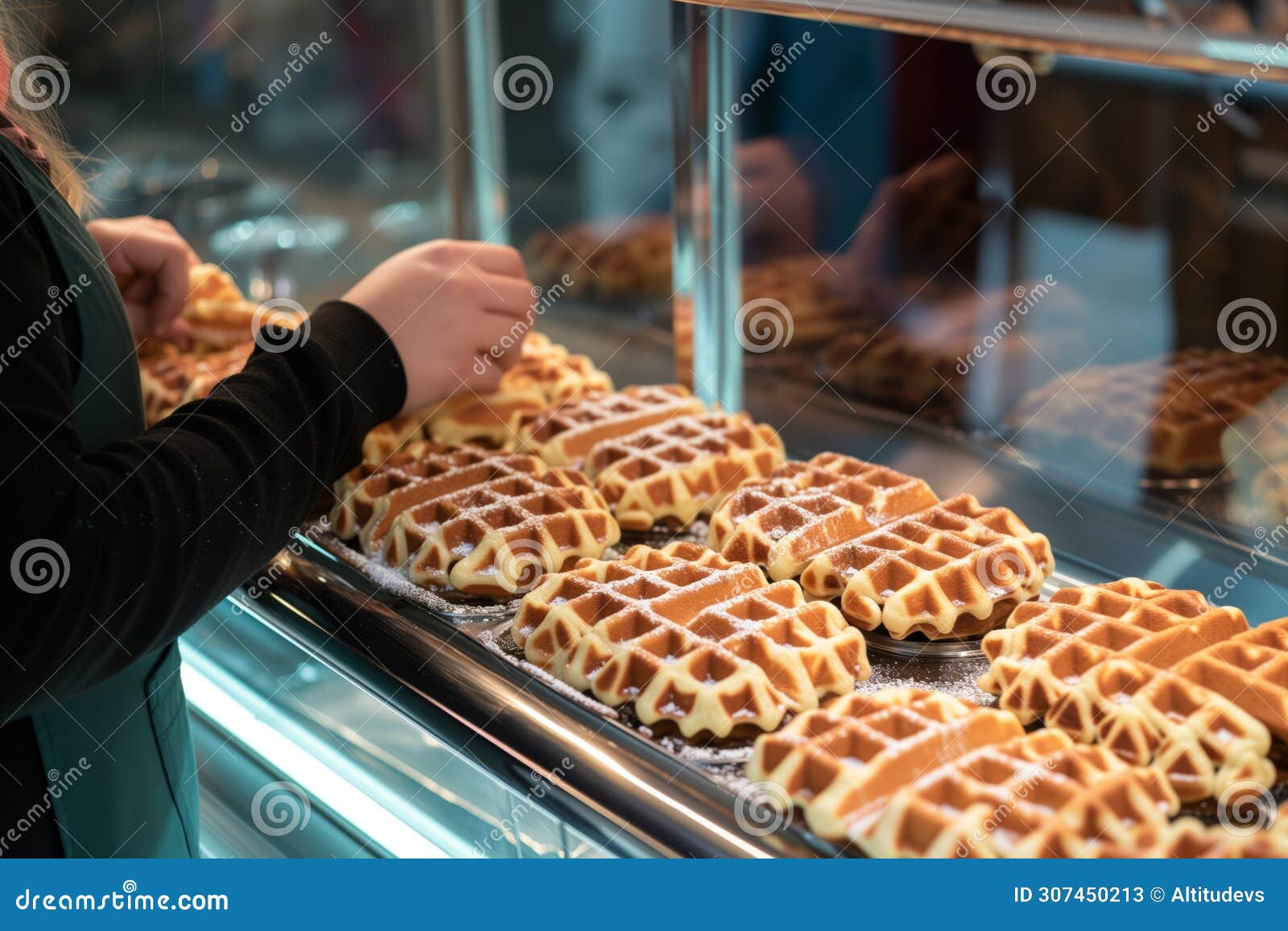 Person Arranging Waffles in a Display Case at a Bakery Stock ...
