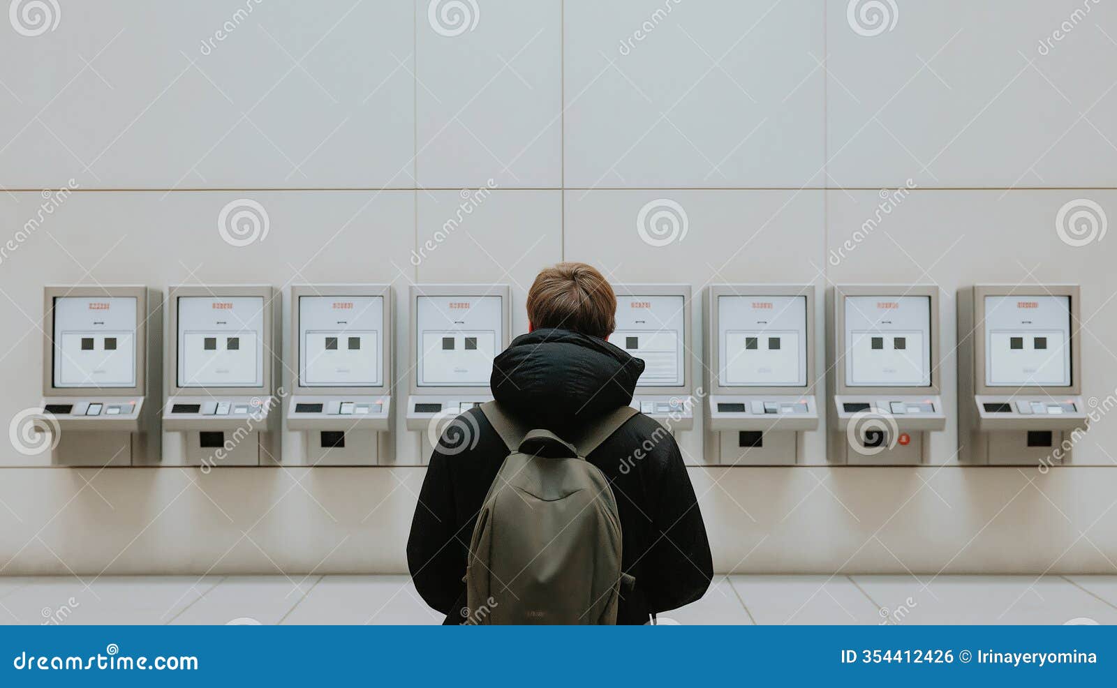 Person with Backpack Facing a Row of Digital Kiosks in a Modern ...