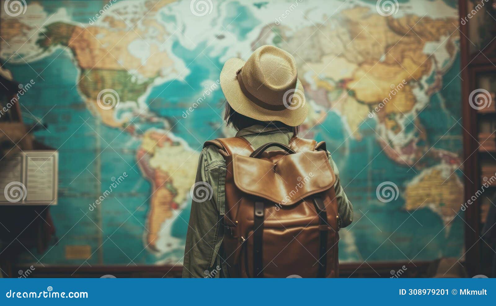 Person With Backpack And Hat Standing In Front Of Map Royalty-Free ...