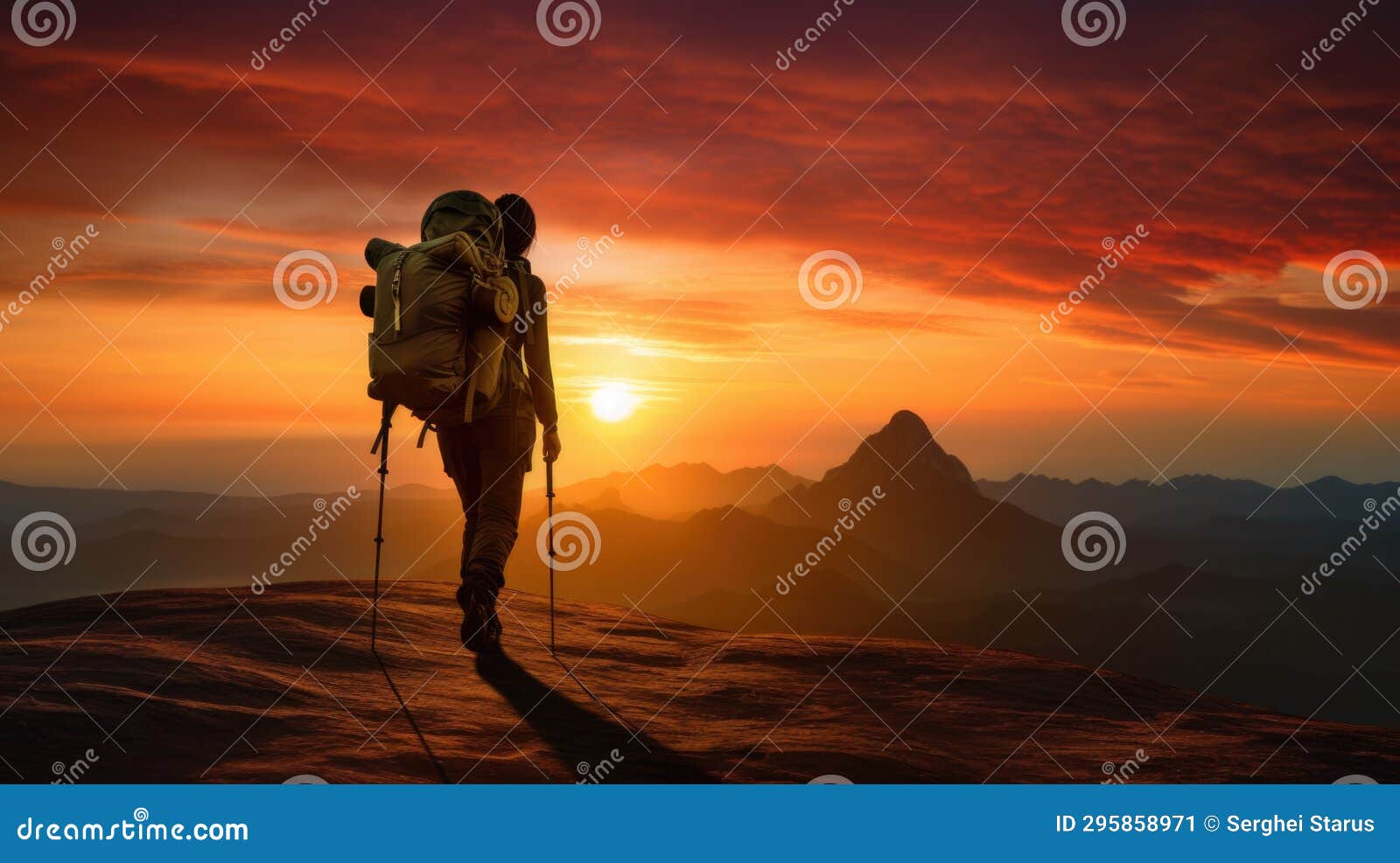 A Person with a Backpack Standing on Top of a Mountain at Sunset, AI ...