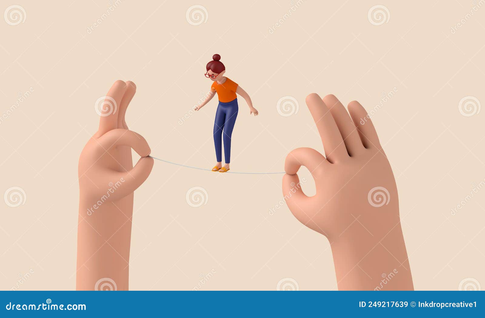 Person Balancing on a Tightrope Held between Two Hands. 3D Rendering ...