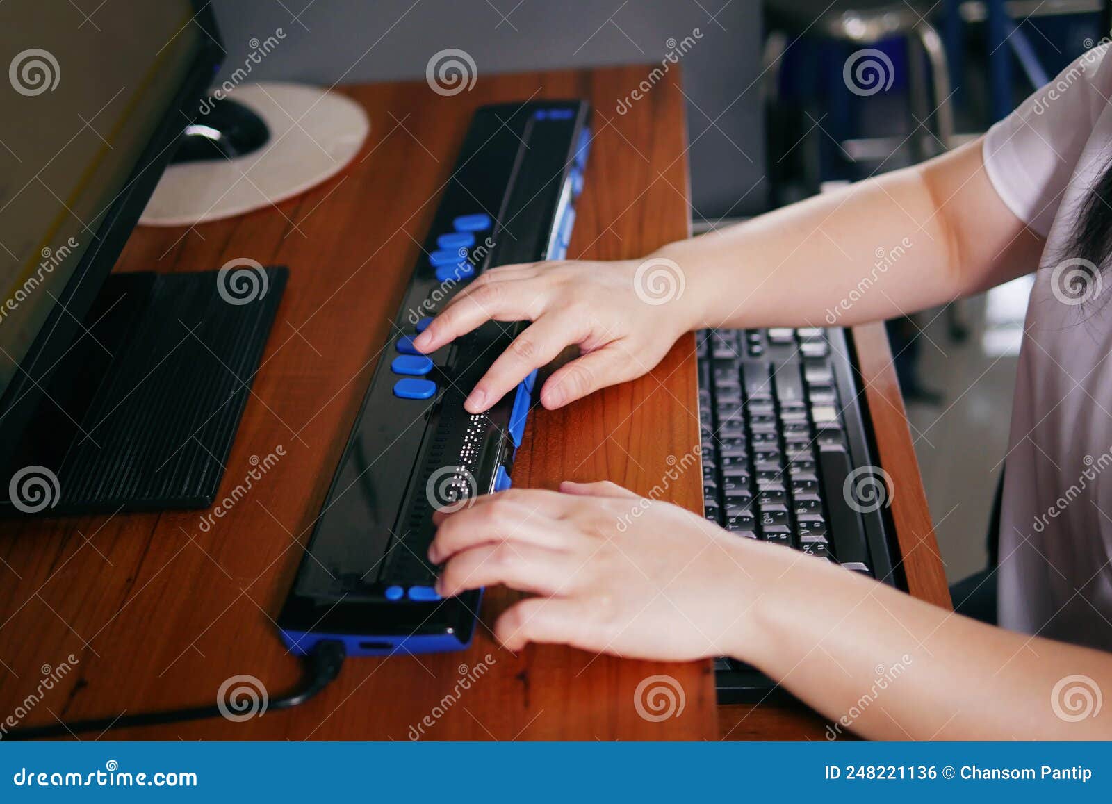 Person with Blindness Disability`s Hands Using Computer with Braille ...