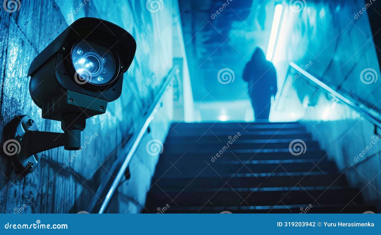 A Person is Captured by a CCTV Camera As they Walk Down the Stairs ...