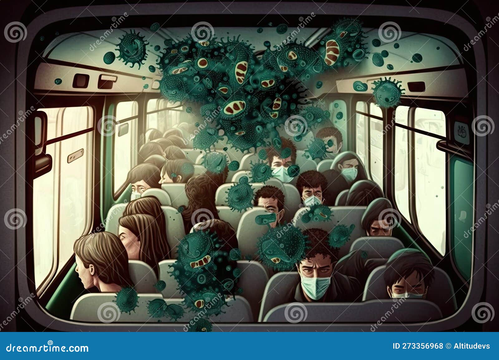 Person, Catching a Ride on Crowded Bus with Bacteria and Germs Stock ...