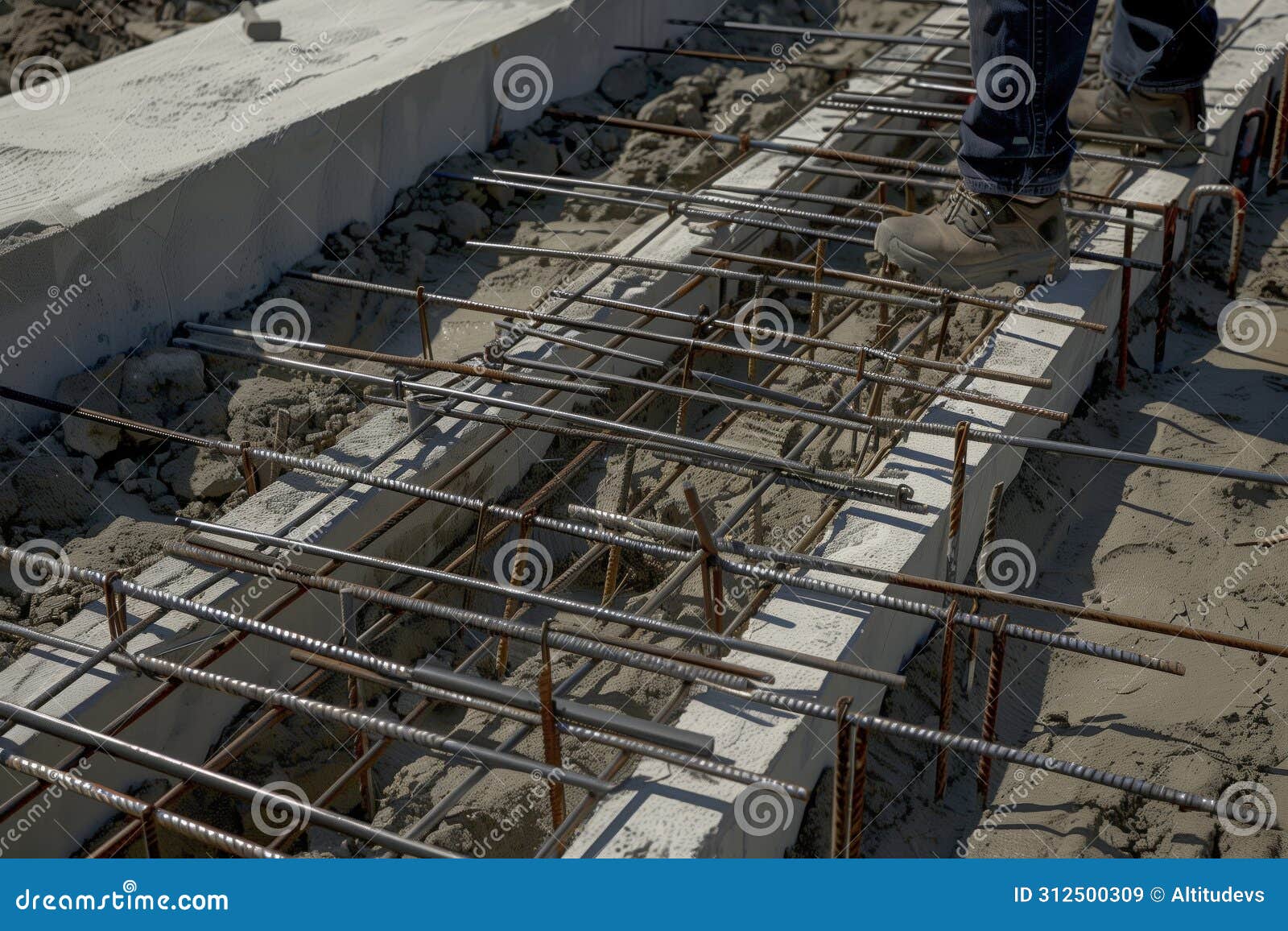 Person Checking Alignment of Rebar Grid in Concrete Footing Stock Image ...