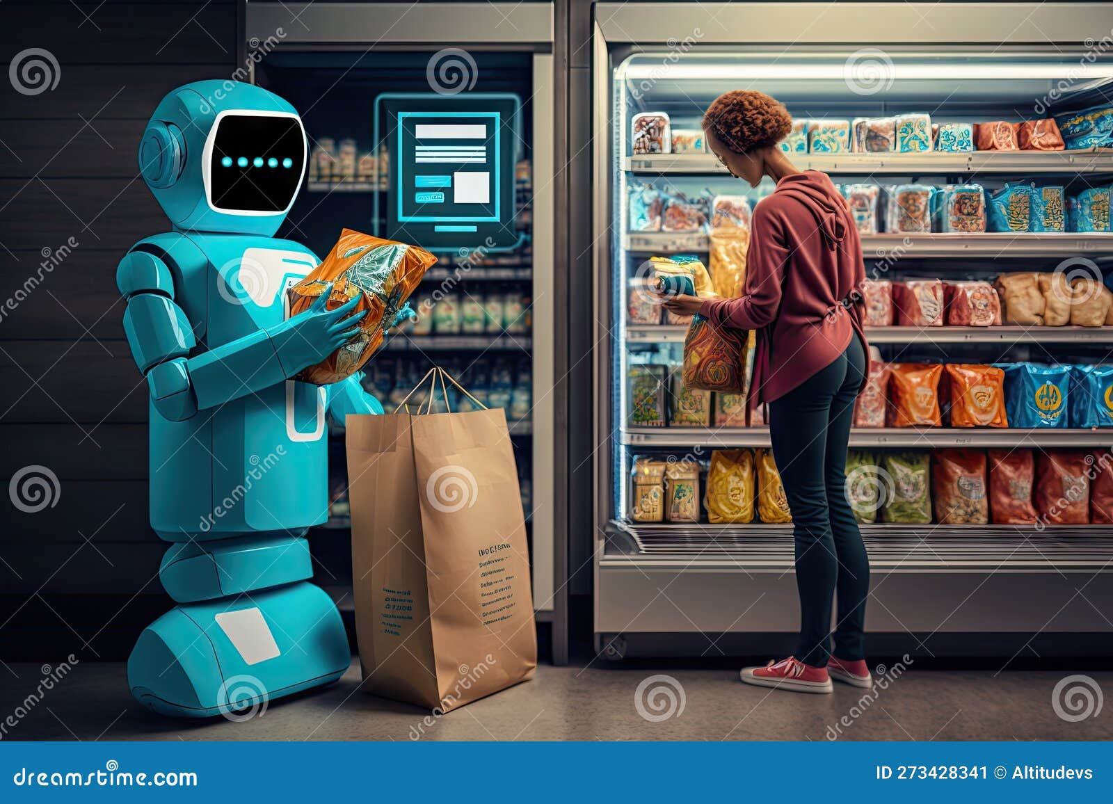 Person, Checking Out Groceries, with Android Robot Bagging the Items ...
