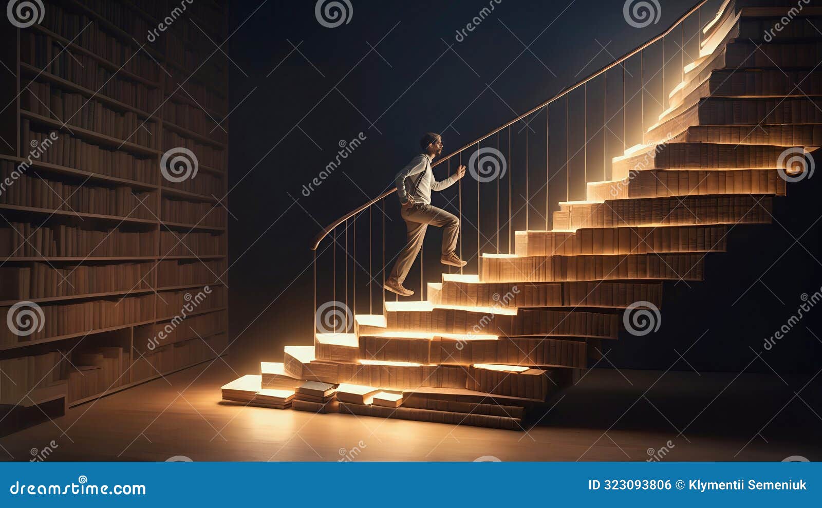 Person Climbing a Staircase Made of Books. Ascent To Knowledge, Wisdom ...