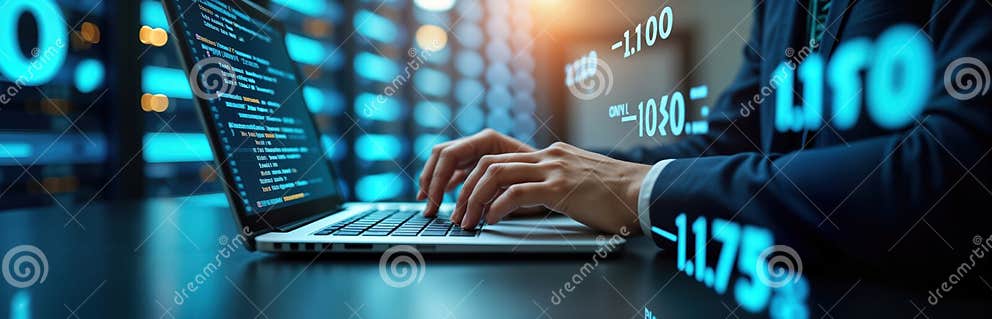 Person Codes on a Laptop. Digital Tech Data Center Background. Focus on ...