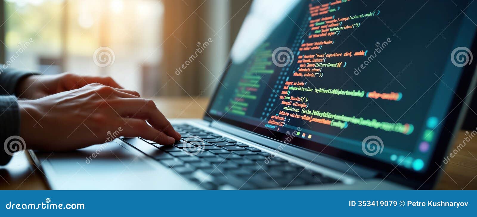 Person Codes on Laptop with Javascript, Binary Code. Modern Tech ...