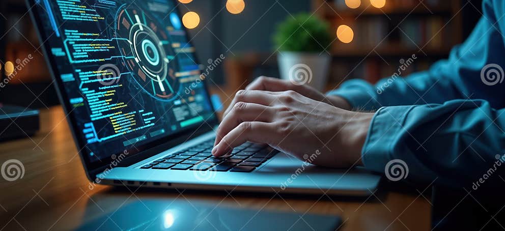 Person Codes on Laptop. Modern Tech Interface Shows Innovative Software. Developer Works on ...