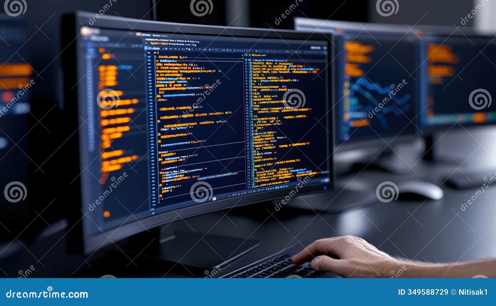 Person Coding on Dual Monitors with Vibrant Programming Interface Stock Illustration ...