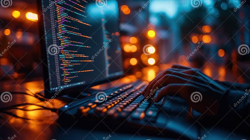A Person is Coding on Keyboard with Computer Screen Displaying Colorful ...
