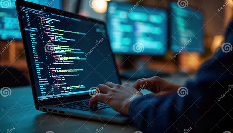 Person Coding on Laptop. Focused Person Working on Javascript Code. Digital Tech Innovation ...