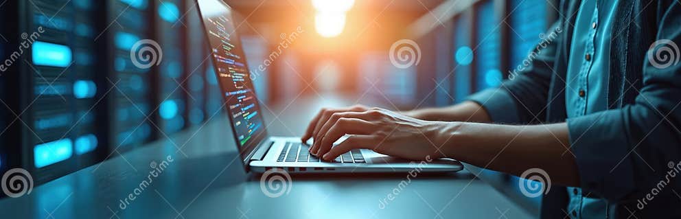 Person Coding on Laptop. Software Engineer Works with Data Management System, Database, Computer ...