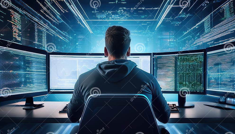 Person Coding with Multiple Monitors Displaying Futuristic Data Streams, Immersed in High Tech ...