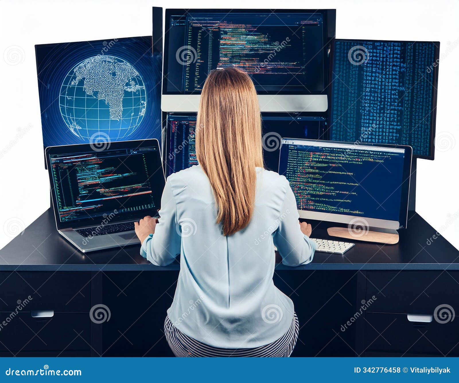 Person Coding on Multiple Screens with Data Analysis Stock Illustration ...