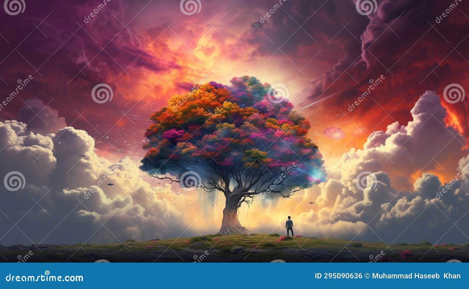Person with Colourful Tree in the Clouds Stock Illustration ...