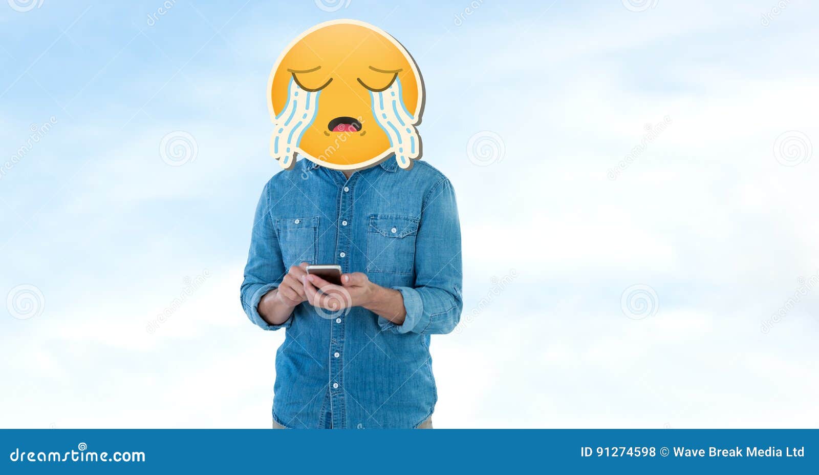 Person with Crying Emoji Over Face Using Smart Phone Stock Illustration ...