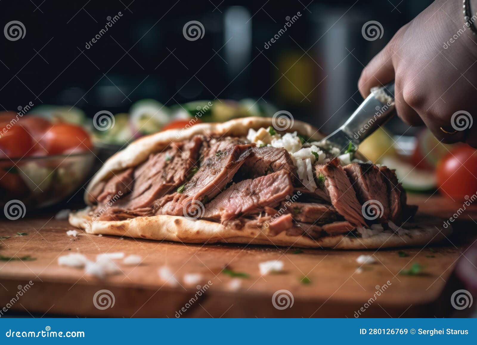 A Person Cutting Up a Meat Sandwich on a Cutting Board. Generative AI ...