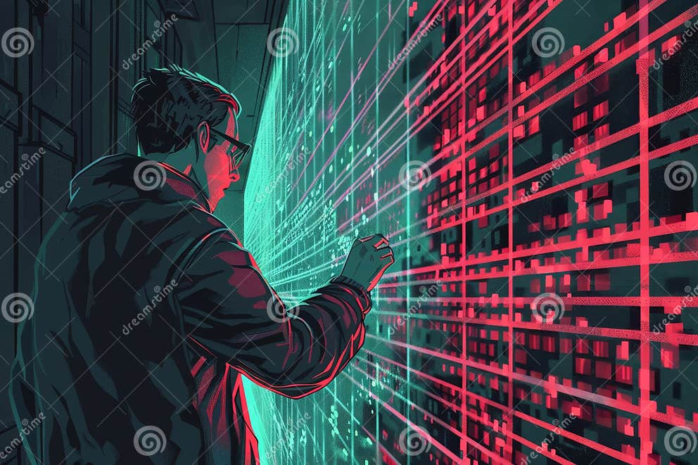 A Person in a Dark Jacket Examines a Large Digital Wall, Checking for ...