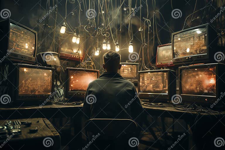 A Person in a Dark Room Watches Screens and Controls Computer Devices ...