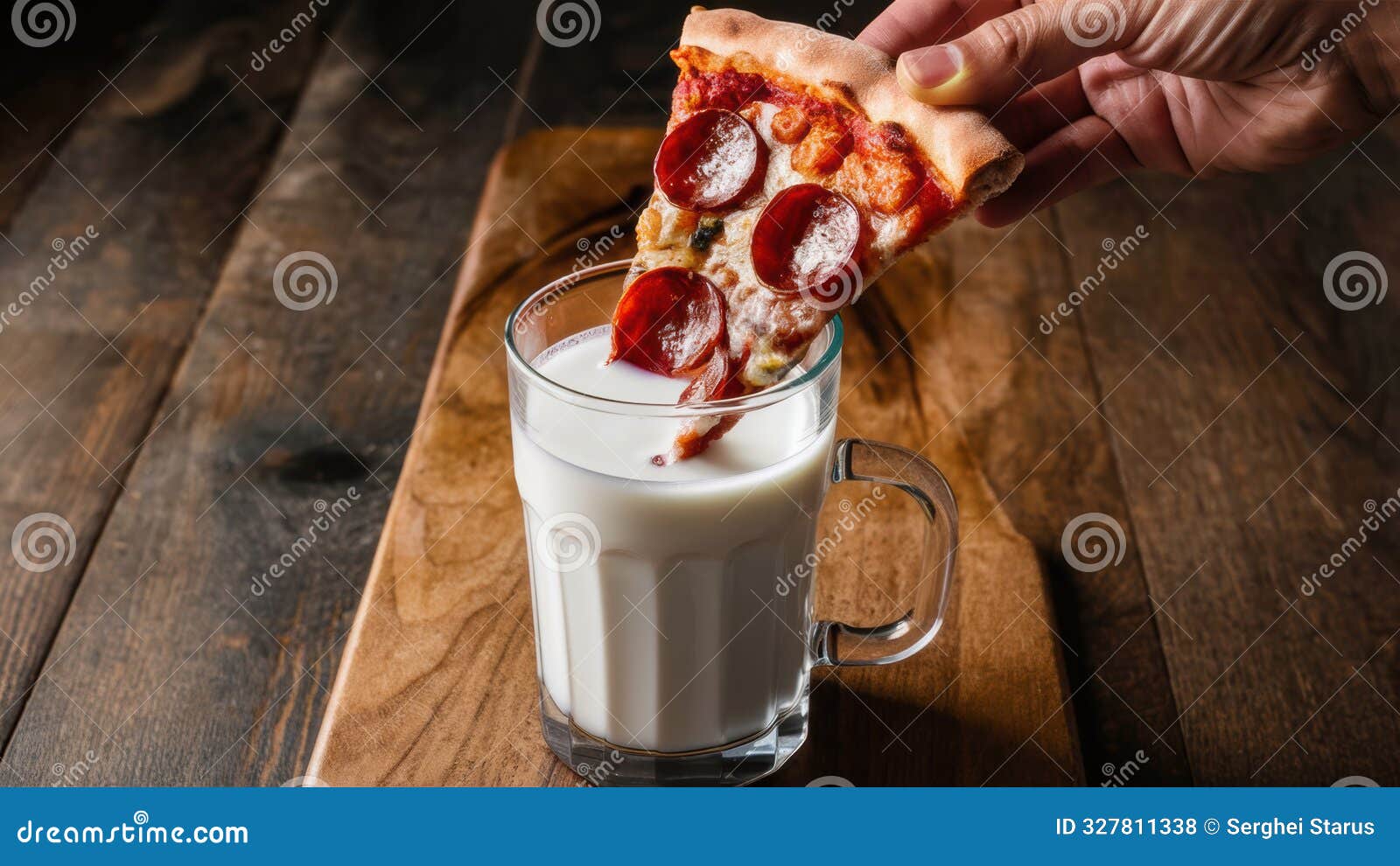 A Person Dipping a Slice of Pizza in a Milk, AI Stock Photo - Image of ...