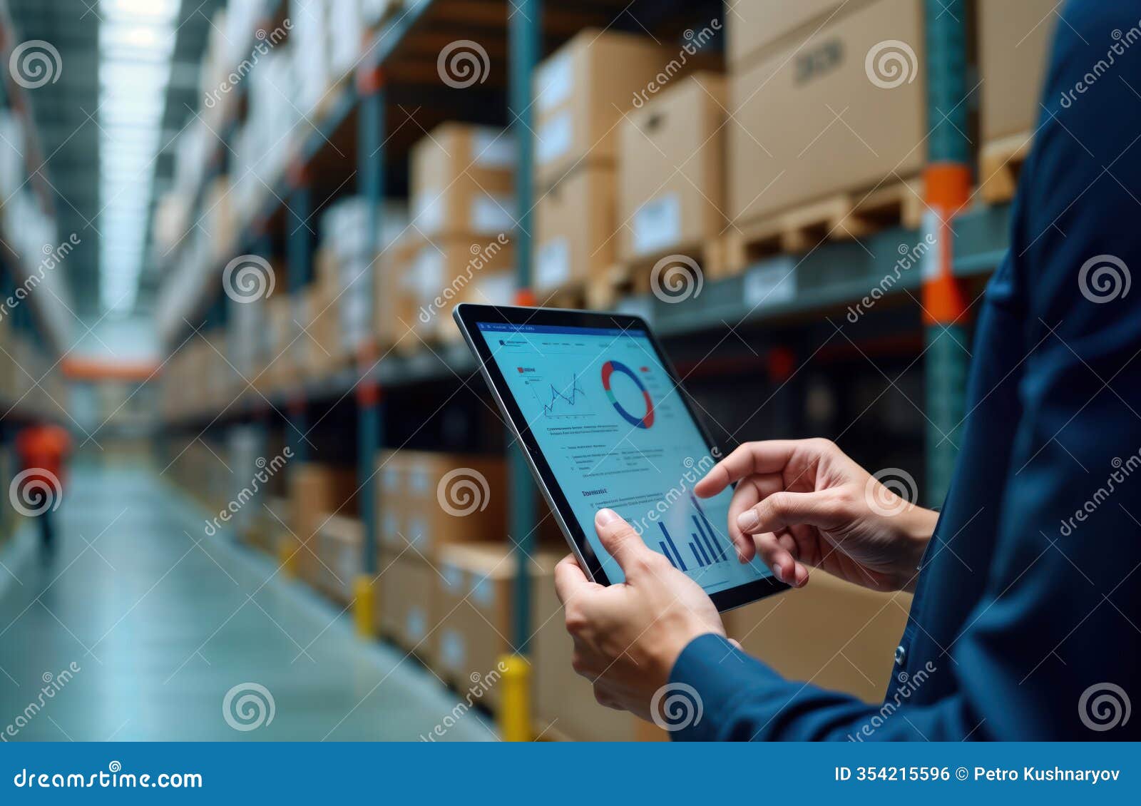 Person in Distribution Center Uses Tablet To Analyze Logistics Data. Graphs, Charts on Screen ...