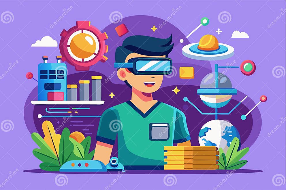 A Person Engages with Virtual Reality Technology, Surrounded by ...