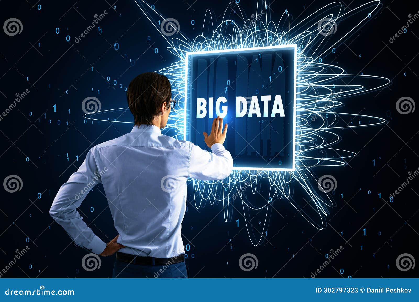 Person Engaging with a Big Data Digital Interface, Holographic ...