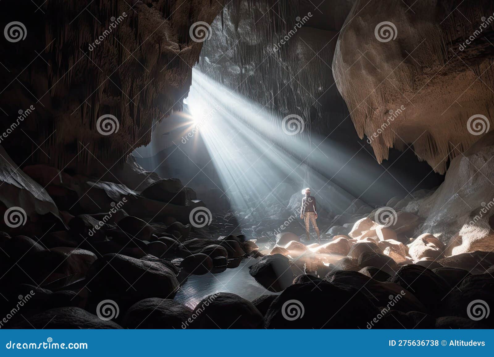 Person, Exploring the Depths of a Crystal-clear Cave, with Light ... Person, Exploring the Depths of a Crystal-clear Cave, with Light ...