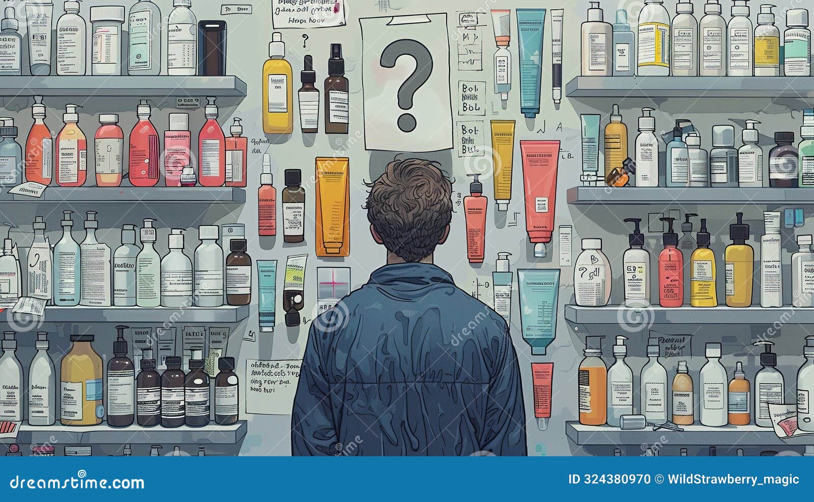 A Person Facing a Wall of Various Bottles and Containers with a ...