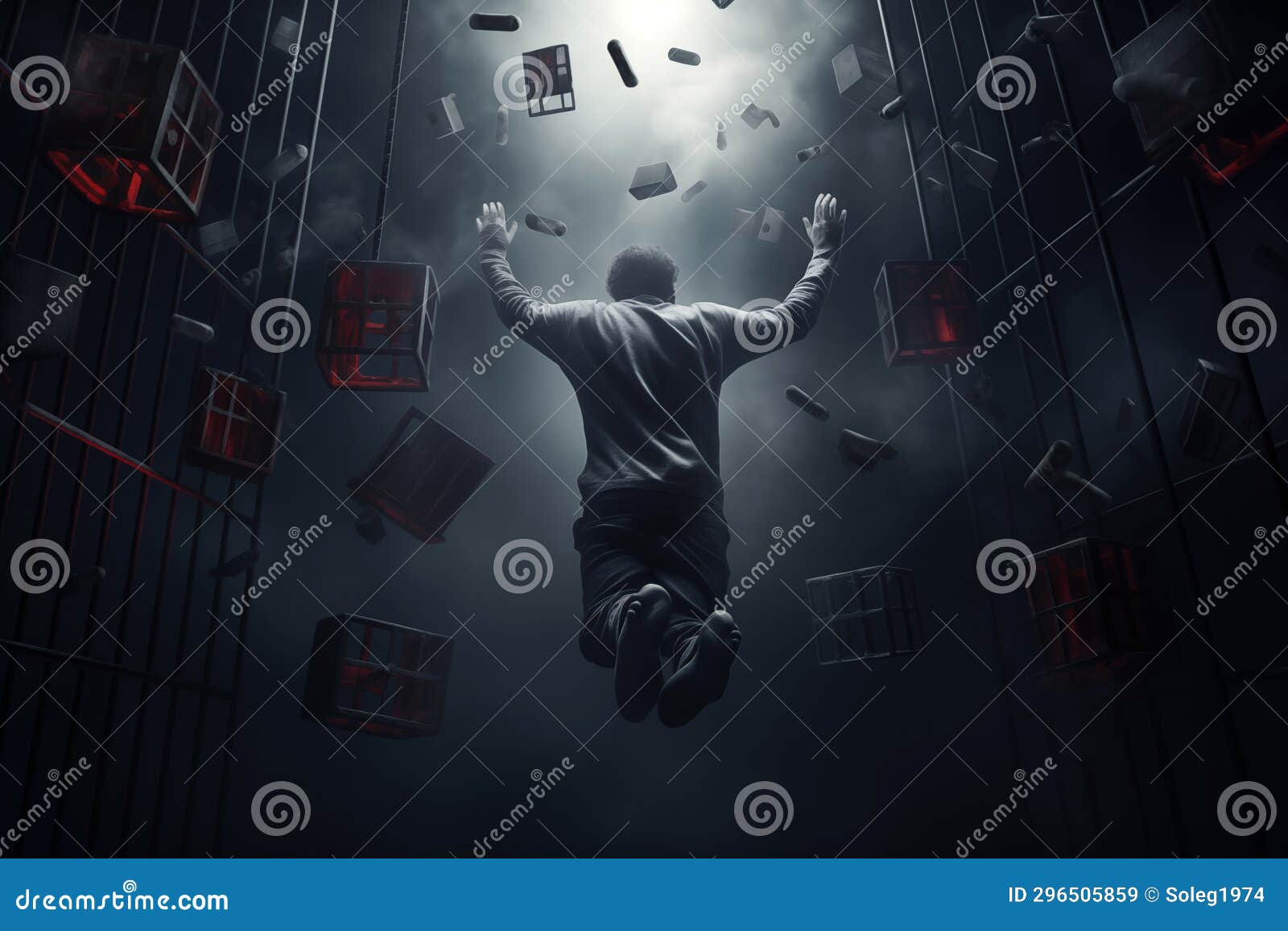 A Person Falls or Flies, Surrounded by Metal Objects and Boxes, Rear ...