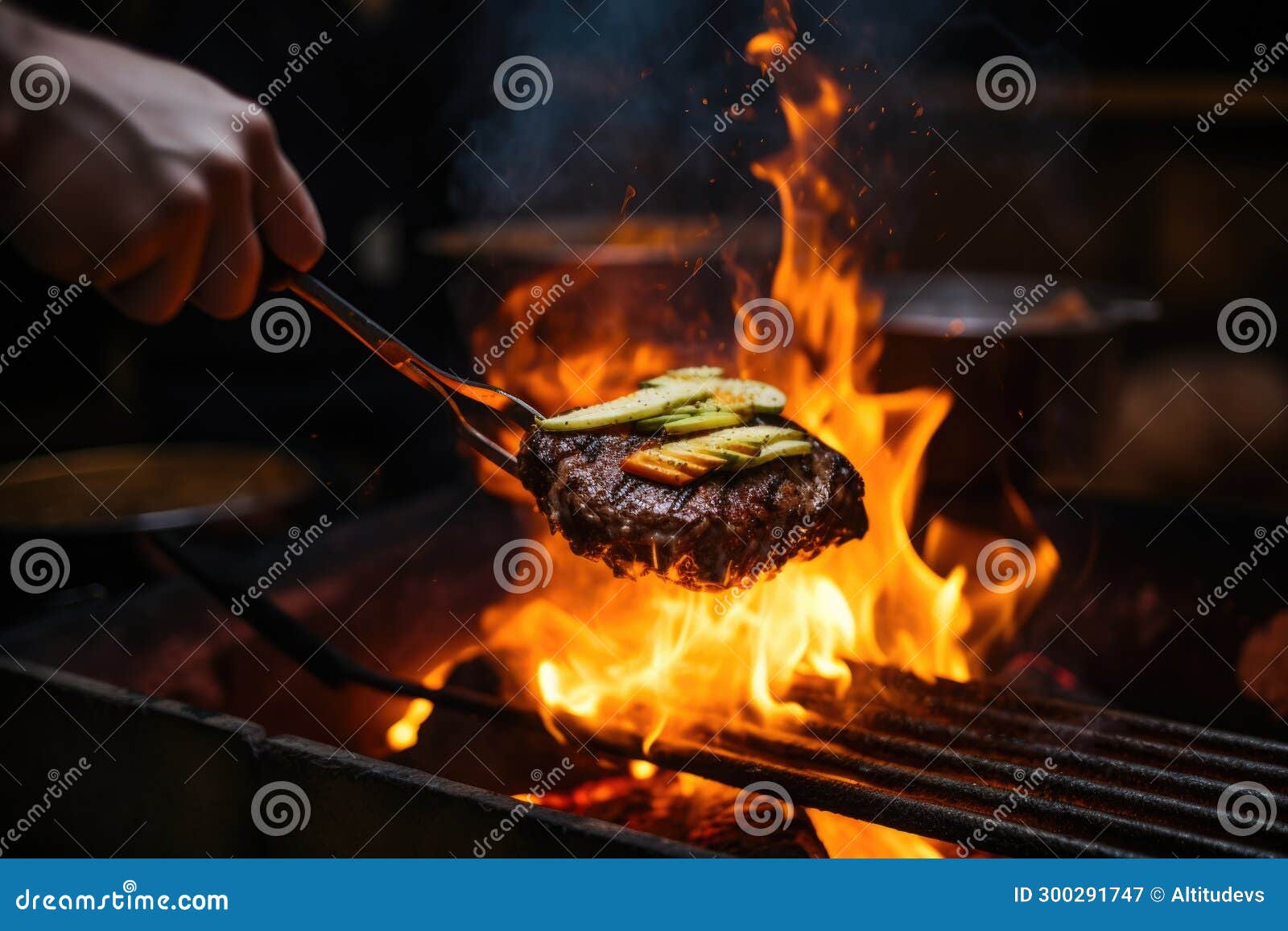 Person Flipping a Burger with a Spatula, Fire Sparking Stock Image ...