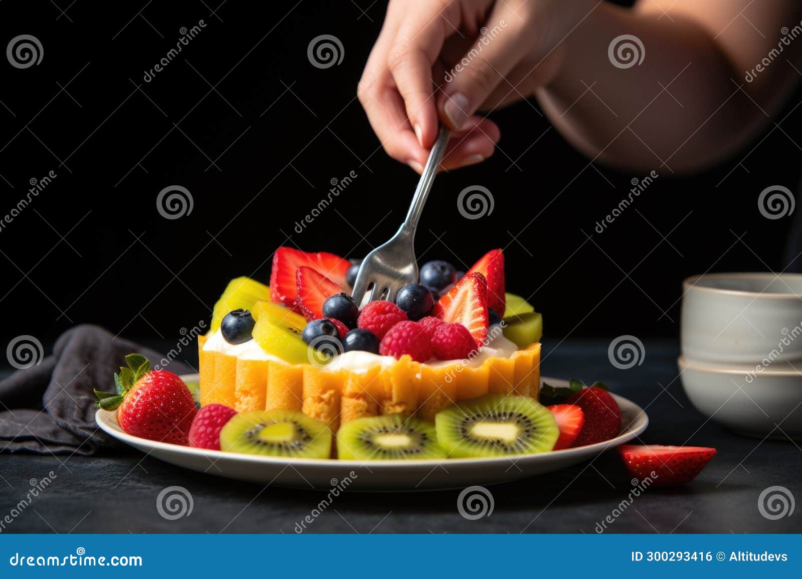 Person with Fork into Fruit Tart Stock Photo - Image of generative ...