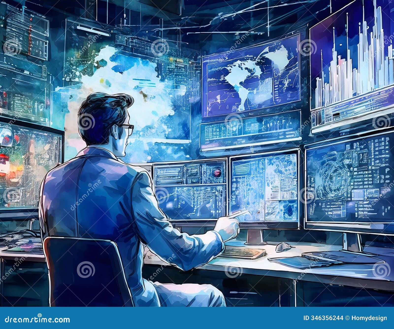 A Person in a Futuristic Control Room Monitors Multiple Screens ... A Person in a Futuristic Control Room Monitors Multiple Screens ...