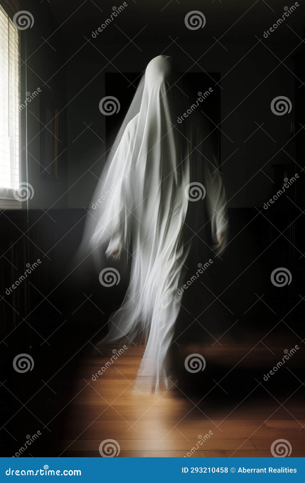 A Person in a Ghostly White Robe is Walking through an Empty Room Stock ...