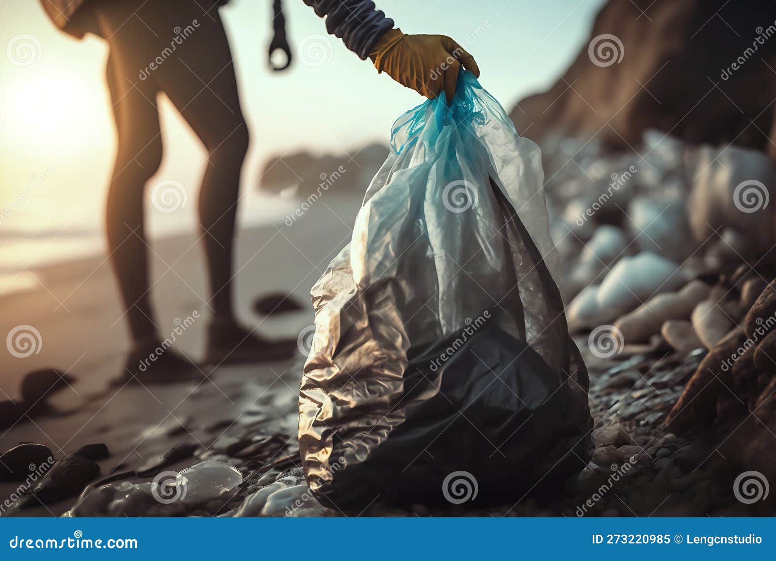 A Person with Gloves and a Bag Picking Plastic from a Beach Stock ...
