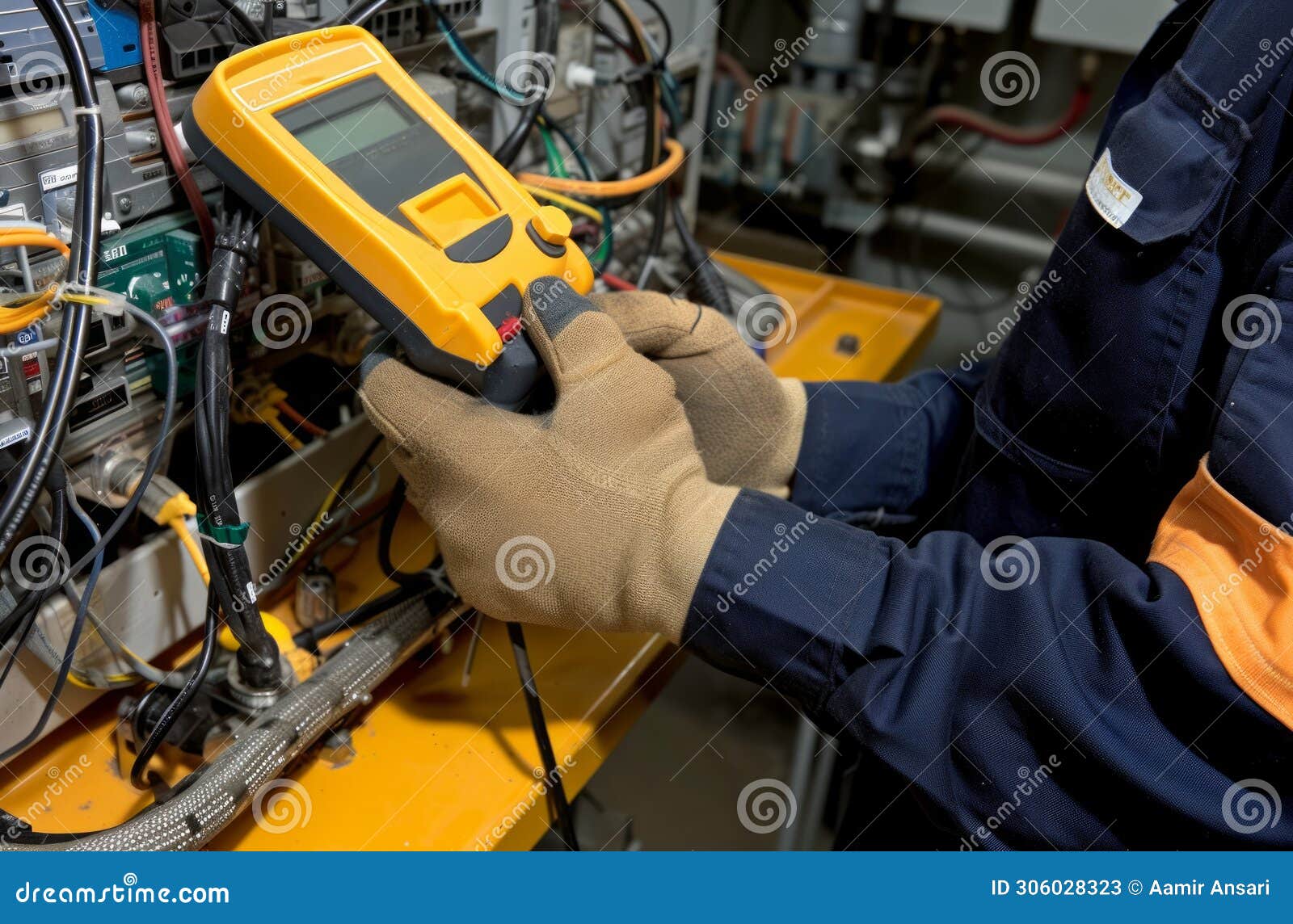 Person in Gloves Using Electronic Multimeter in Electrical System ...