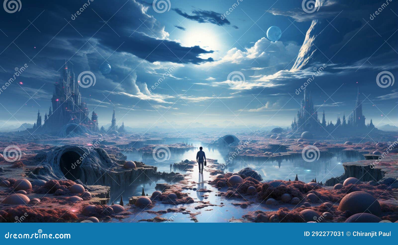 A Person Going in Empty Path with Blue Clouds Stock Image - Image of ...