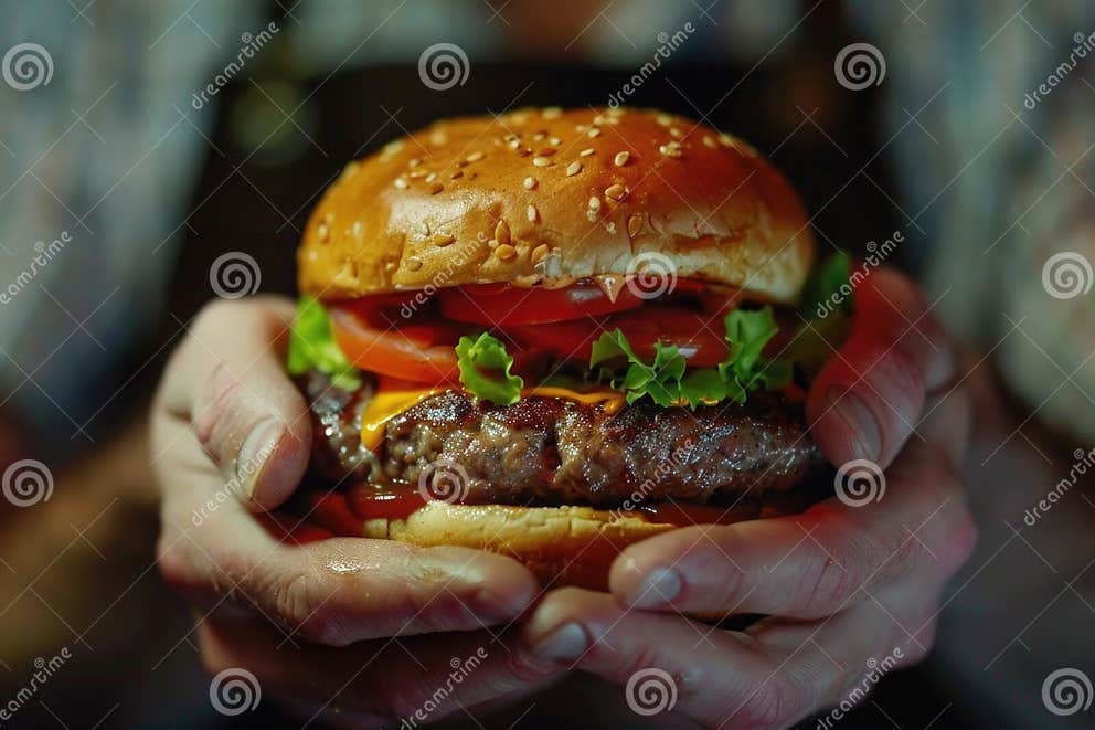 A Person Grasping a Hamburger with Their Hands Stock Photo - Image of ...