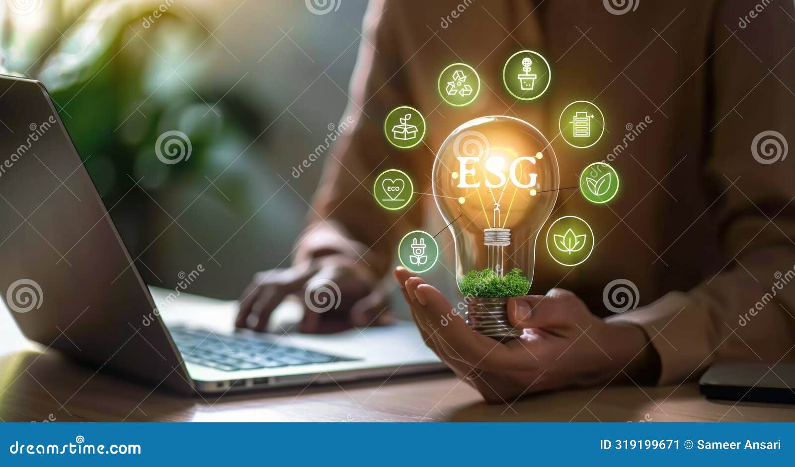 A Person Hand Holding a Light Bulb with ESG Icons Stock Illustration ...