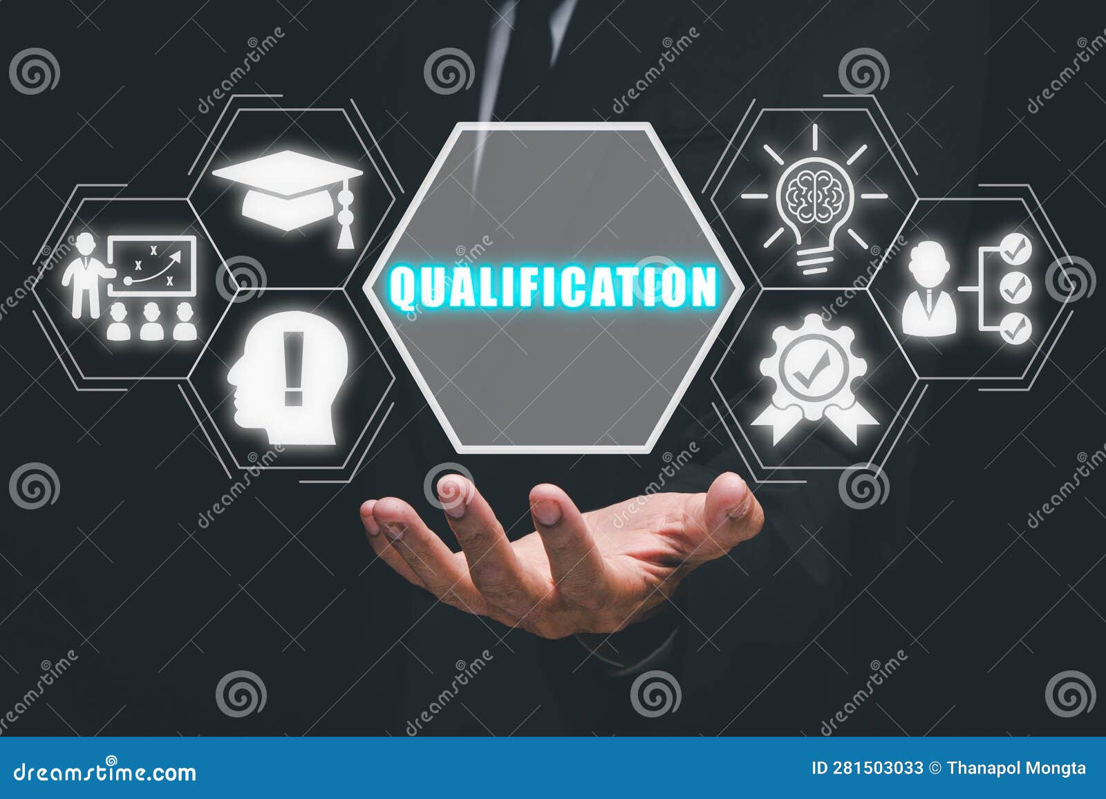 Person Hand Holding Qualification Icon on Virtual Screen Stock ...
