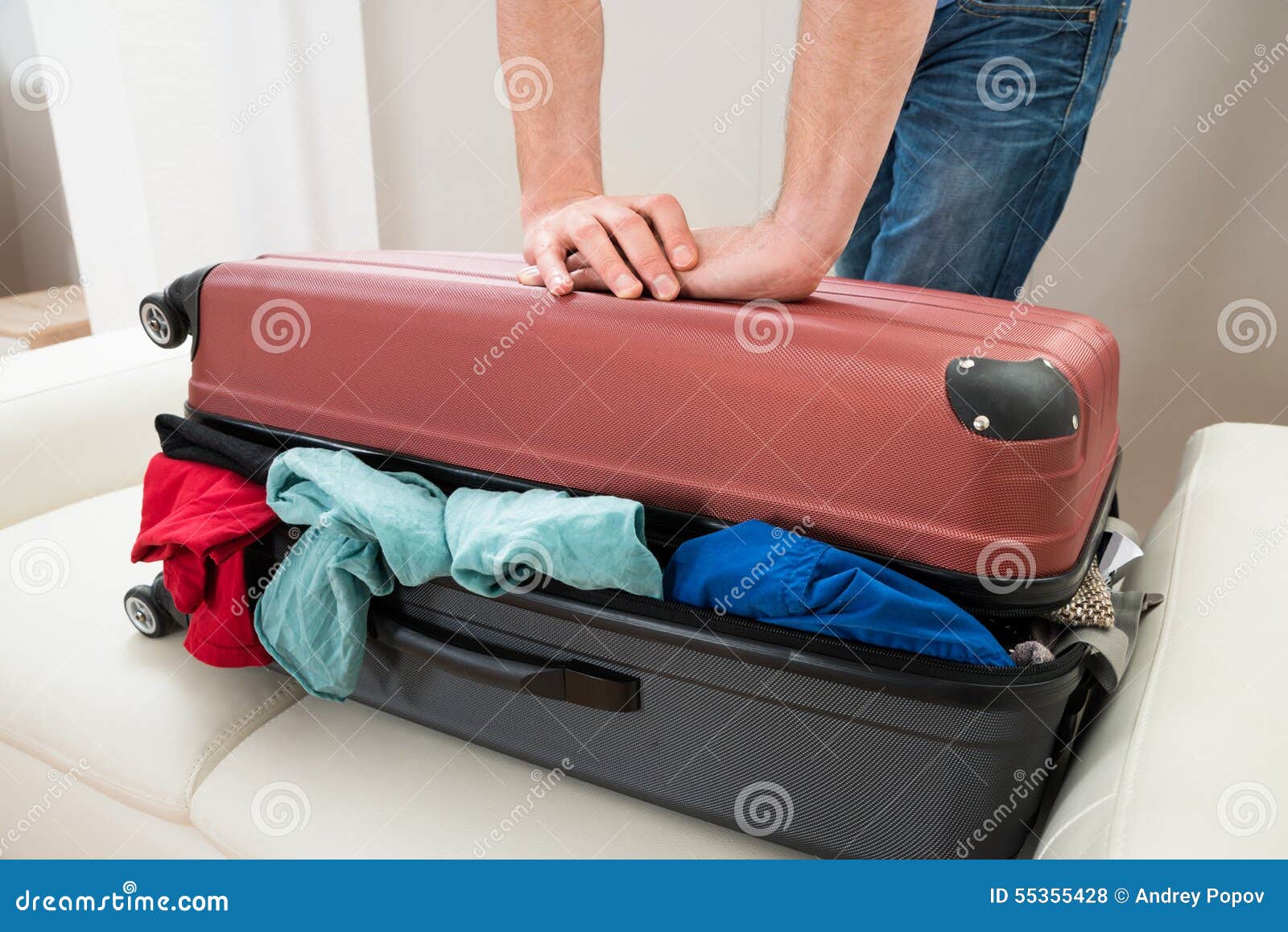 Person Hand Trying To Close Suitcase Stock Photo - Image of house ...