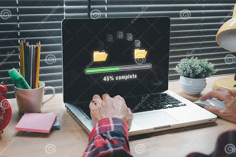 Person Hand Using Laptop Computer Waiting for Transfer File Process ...