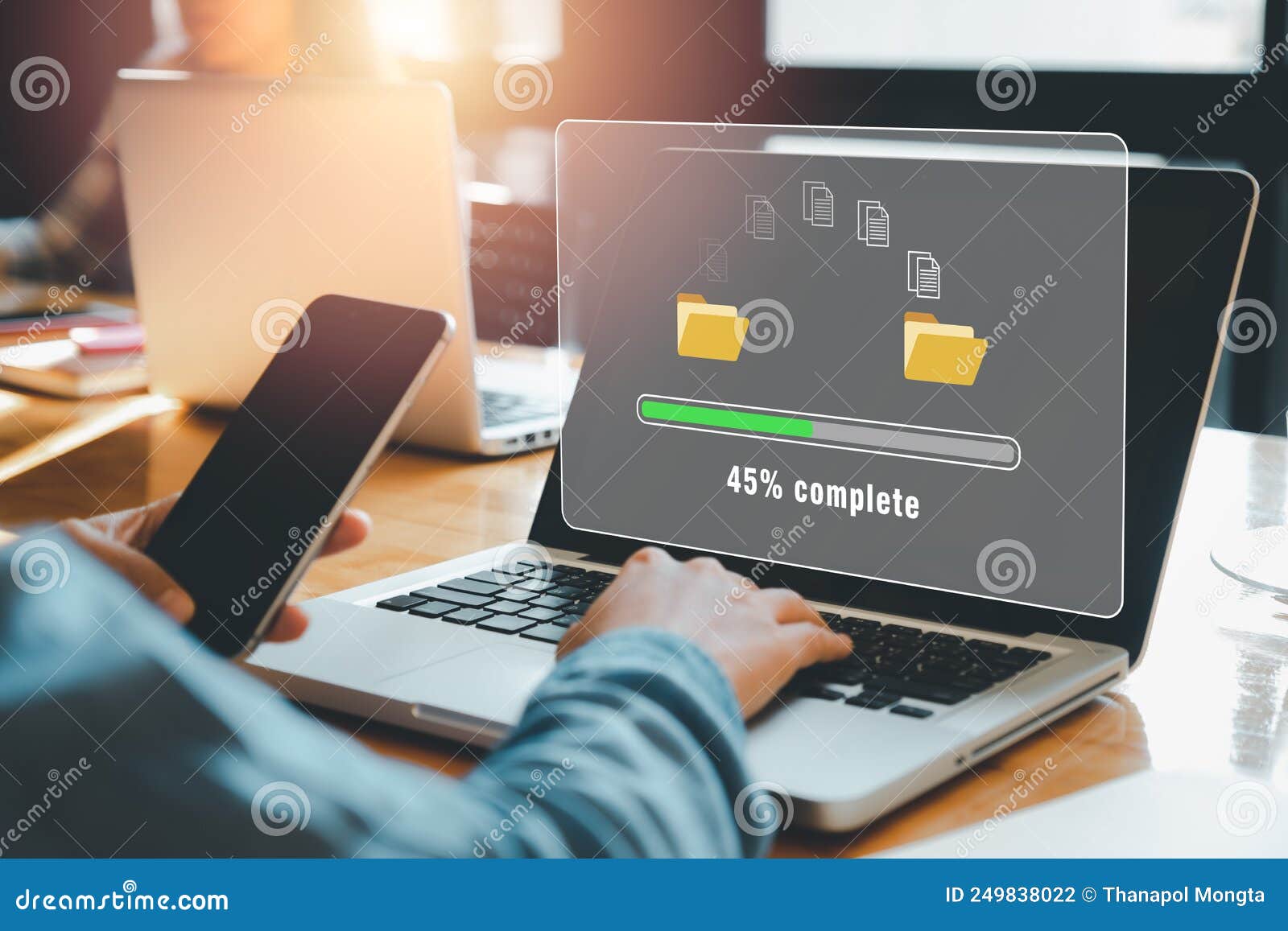 Person Hand Using Laptop Computer Waiting for Transfer File Process ...