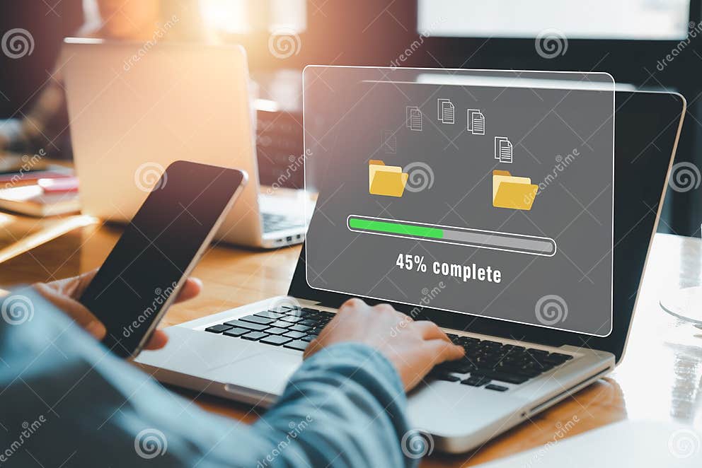 Person Hand Using Laptop Computer Waiting for Transfer File Process ...