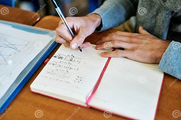 Person, Hands and Notebook at Desk for Maths, Solving Equation or ...