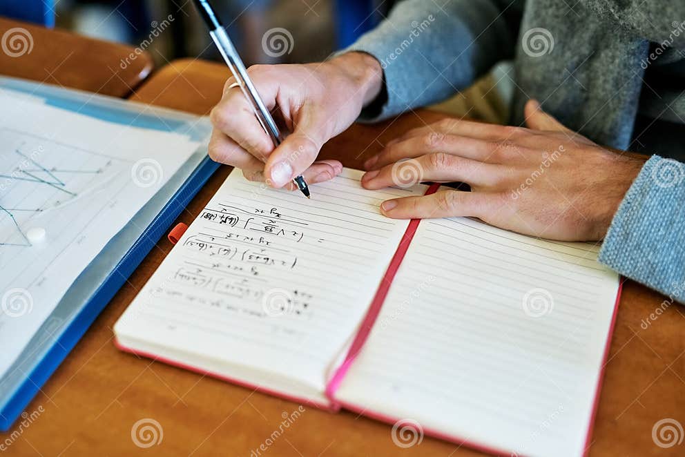 Person, Hands and Notebook at Desk for Maths, Solving Equation or ...