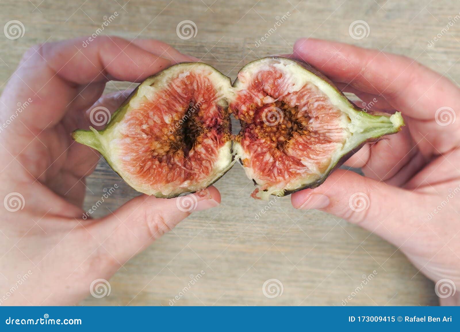 Person Hands Open a Ripe Fig Stock Image - Image of closeup, middle ...