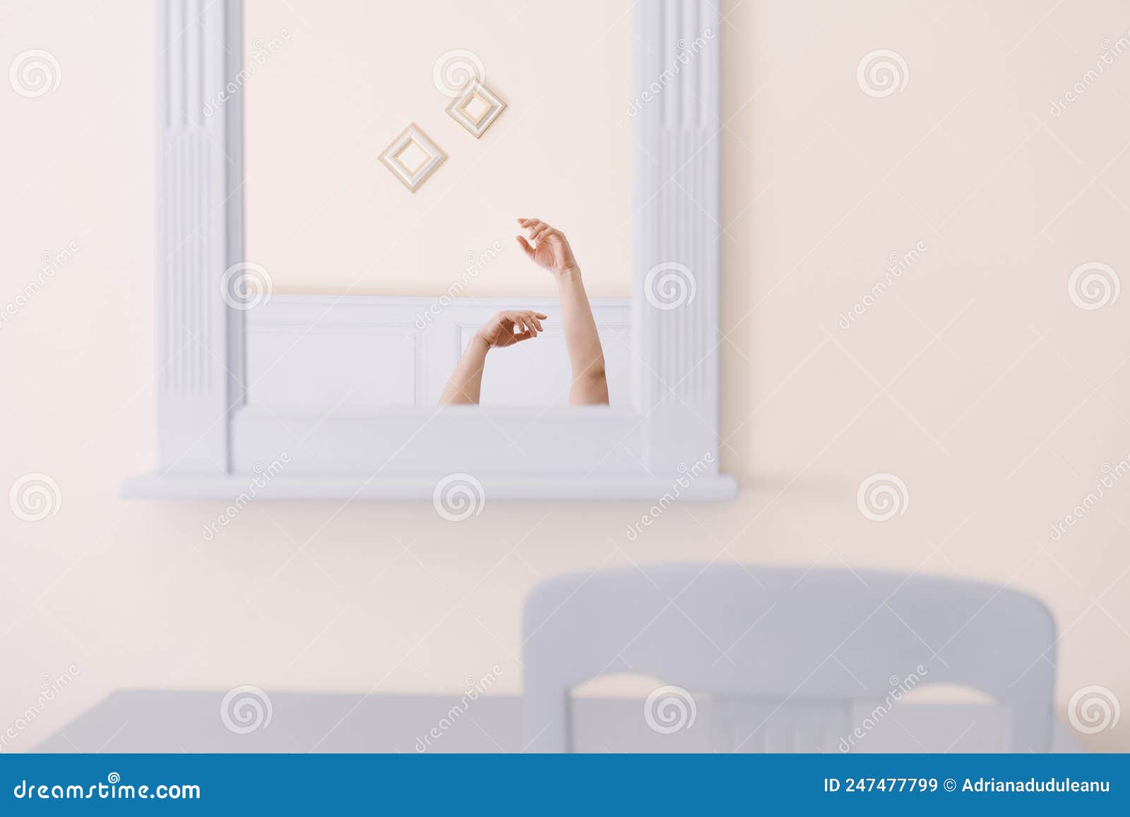 Person with Hands Up in Mirror Reflection Stock Image - Image of mirror ...